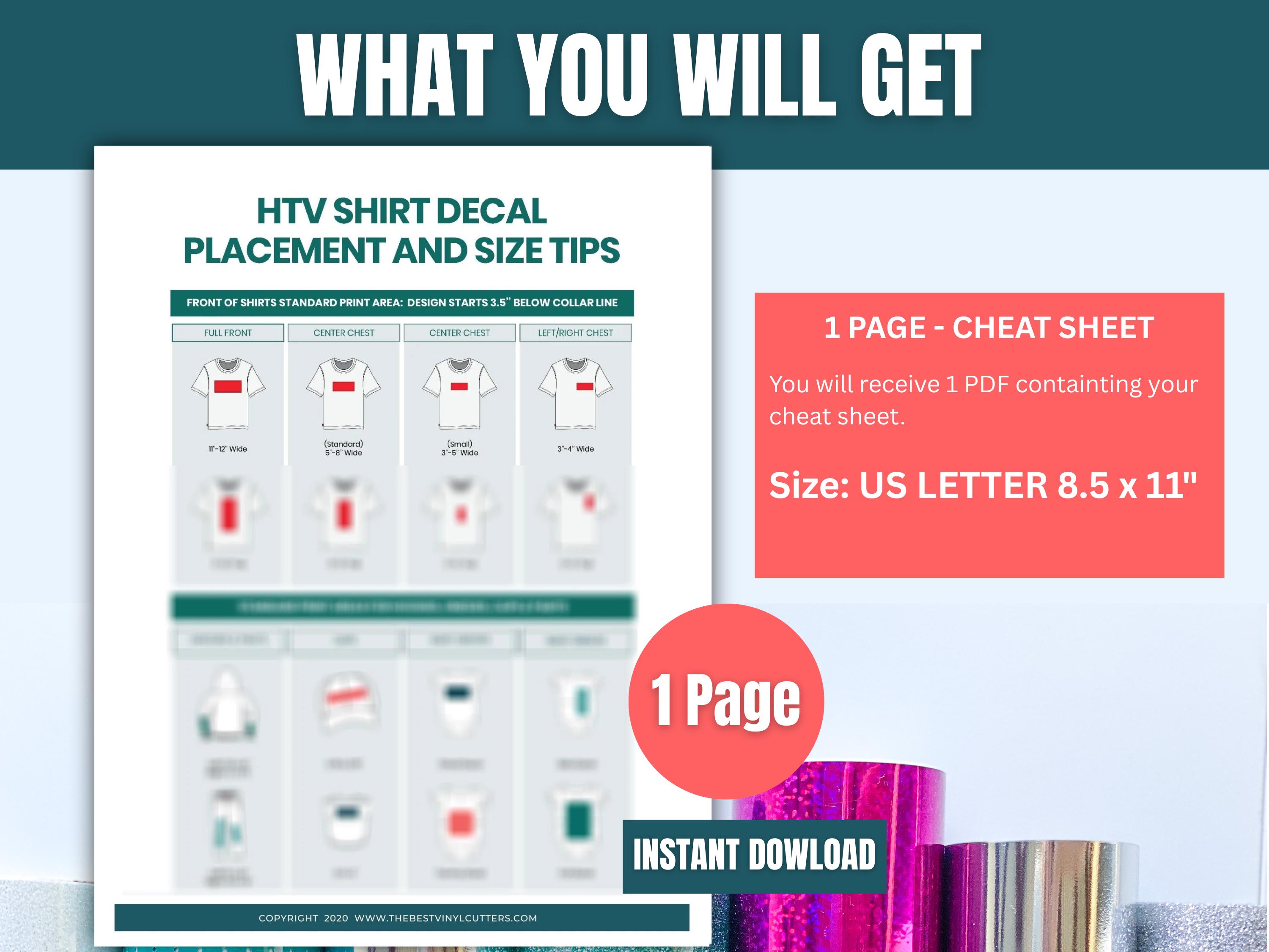 HTV Shirt Decals Placement and Size Chart Printable Cheat Sheet | Heat ...