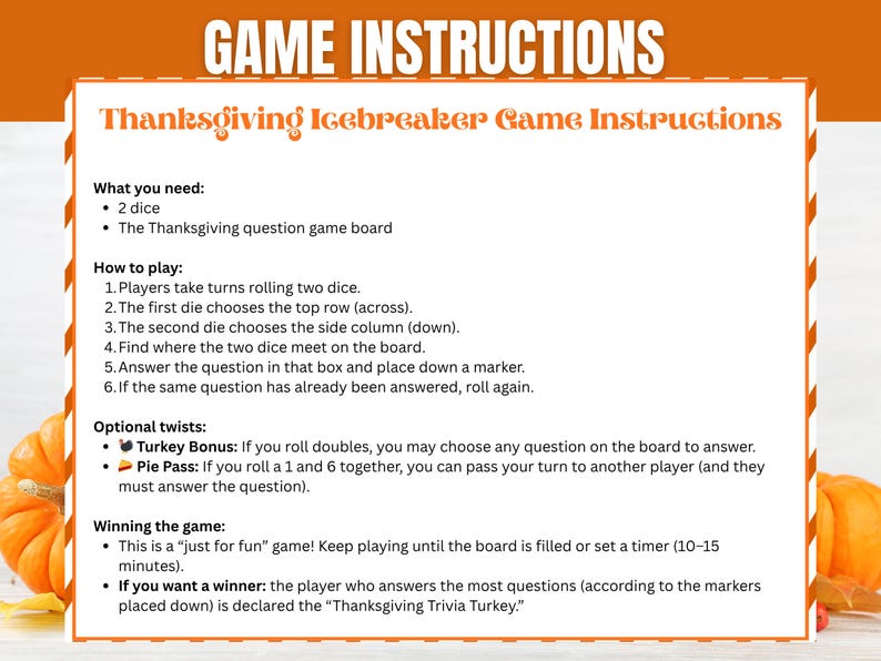 Printable Thanksgiving Ice Breaker Dice Game | Family Dinner Games for ...