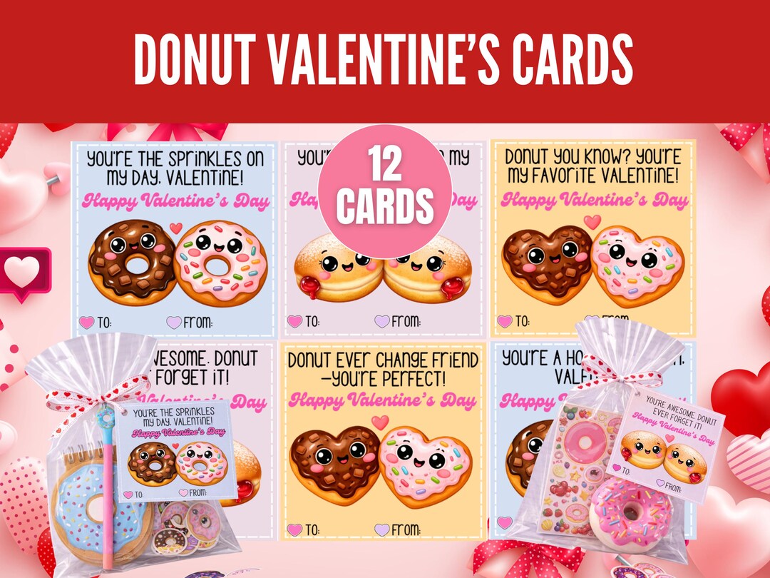 Printable Donut Valentine Cards | Kids School Classroom Valentines Card ...