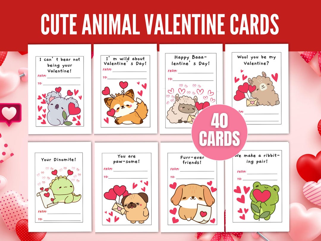 Printable Animal Valentine Cards | Kids School Classroom Valentines ...