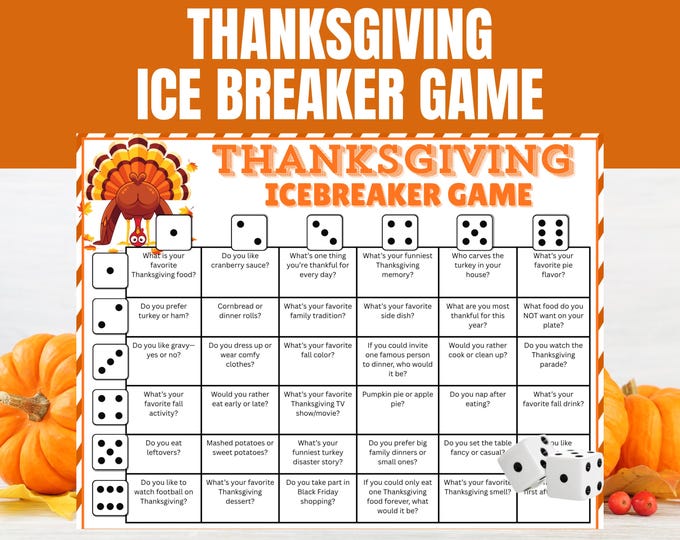 Printable Thanksgiving Ice Breaker Dice Game | Family Dinner Games for ...