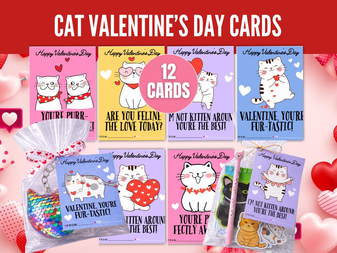 Printable Cute Cat Valentine Cards | Kids School Classroom Valentines ...