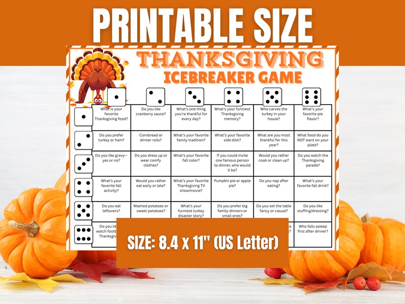 Printable Thanksgiving Ice Breaker Dice Game | Family Dinner Games for ...