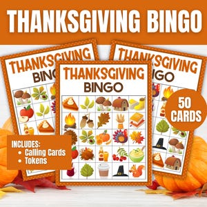 50 Printable Thanksgiving Bingo Cards Including Tokens + Calling Cards ...