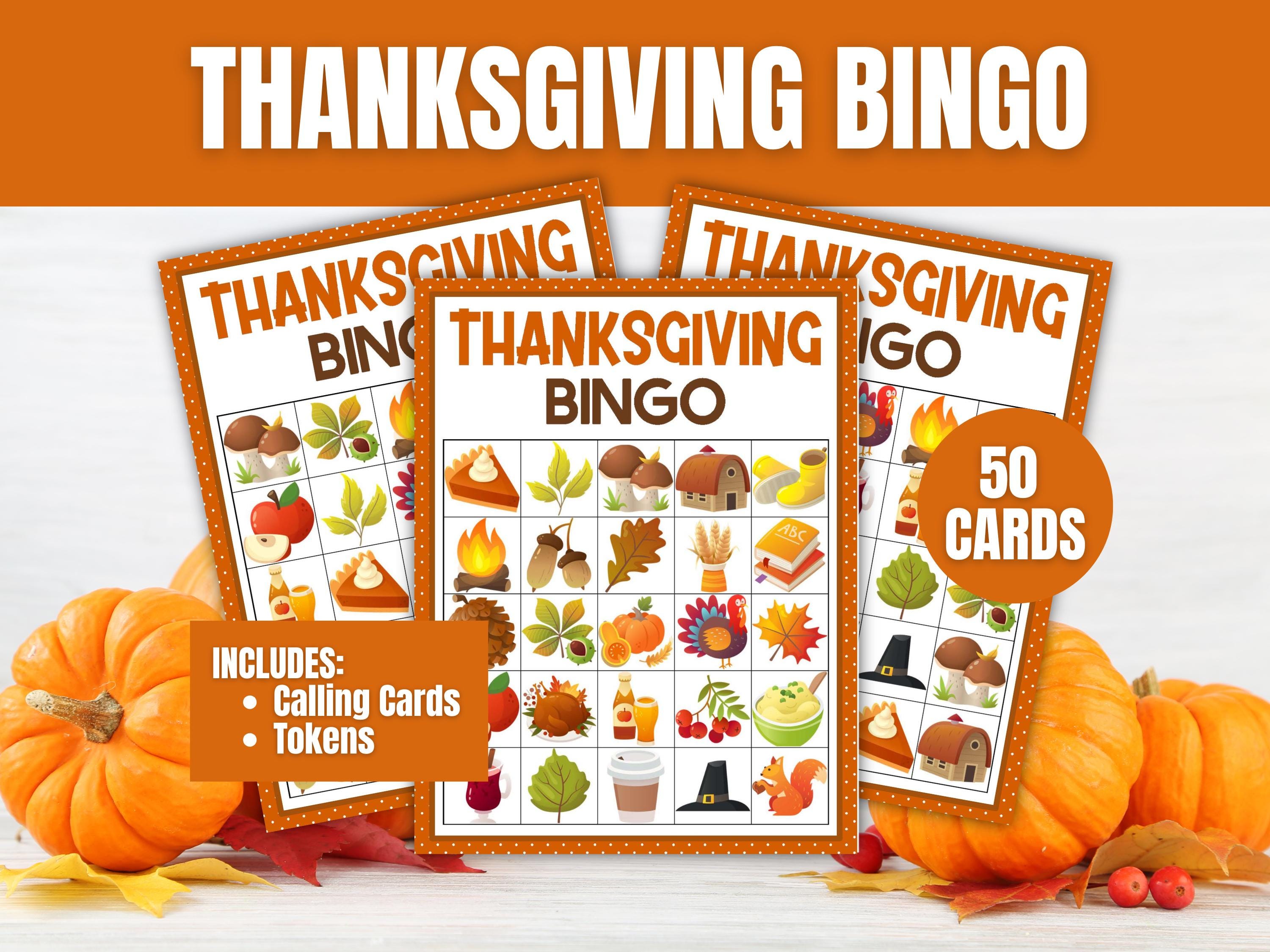 50 Printable Thanksgiving Bingo Cards Including Tokens + Calling Cards ...