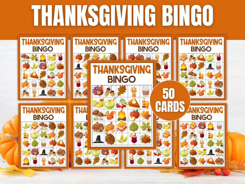 50 Printable Thanksgiving Bingo Cards Including Tokens + Calling Cards ...