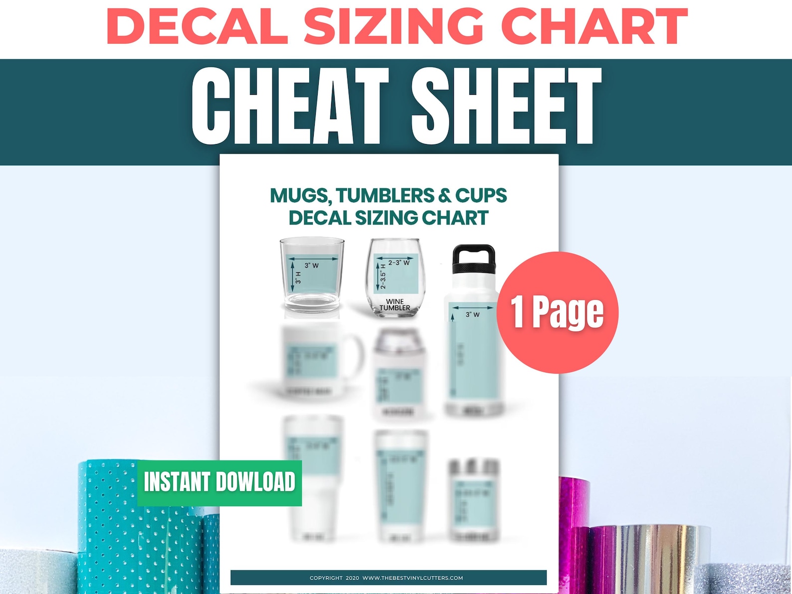 Printable Vinyl Decal Sizing Chart Cheat Sheet for Mugs, Tumblers ...