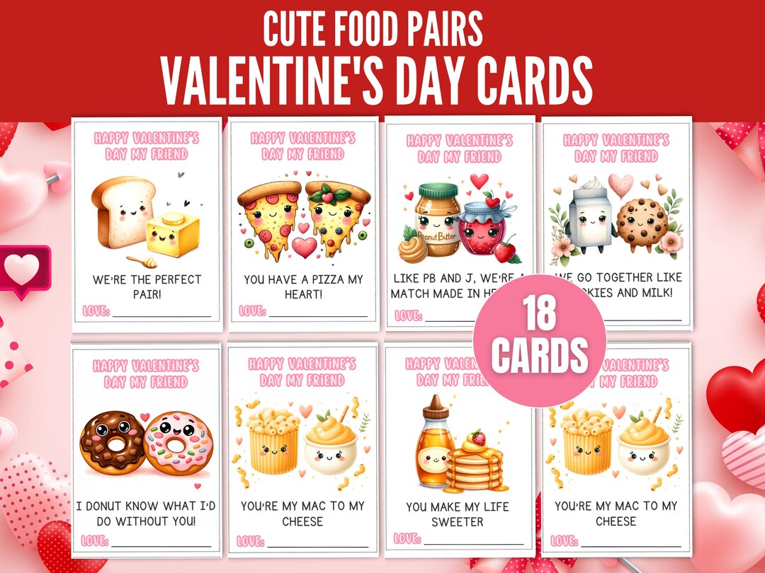 Printable Food Pairs Valentine Cards | Kids School Classroom Valentines ...