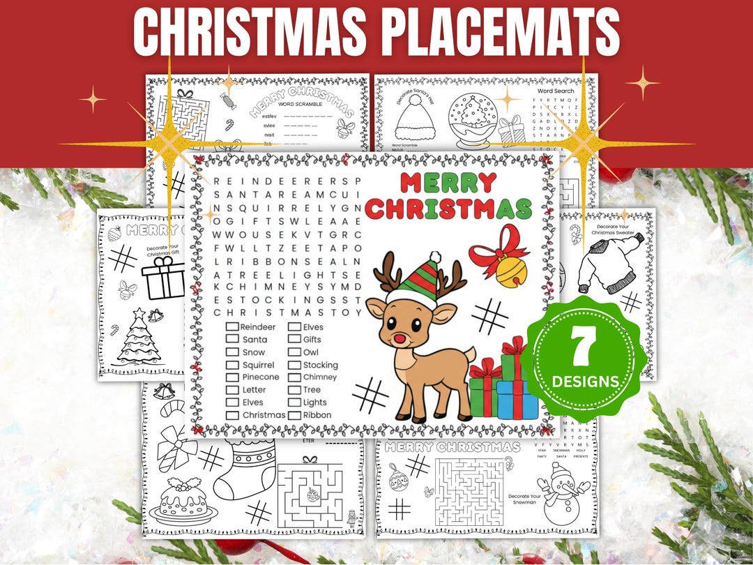 7 Printable Christmas Activity Placemats for Kids, Holiday Coloring ...