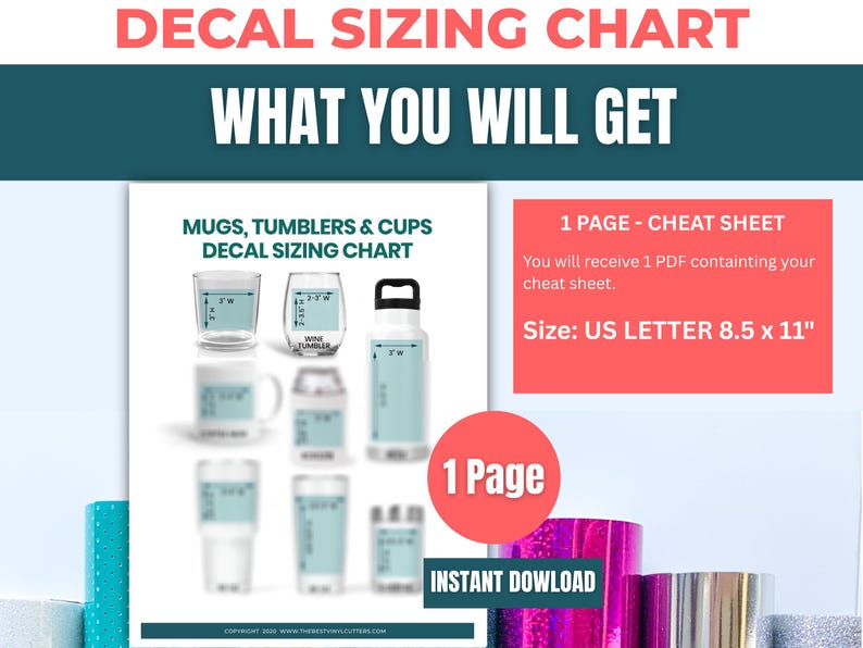 Printable Vinyl Decal Sizing Chart Cheat Sheet for Mugs, Tumblers ...