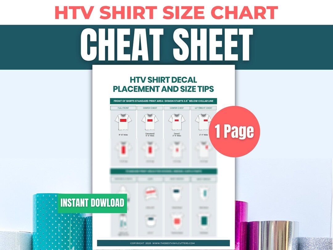 HTV Shirt Decals Placement and Size Chart Printable Cheat Sheet | Heat ...