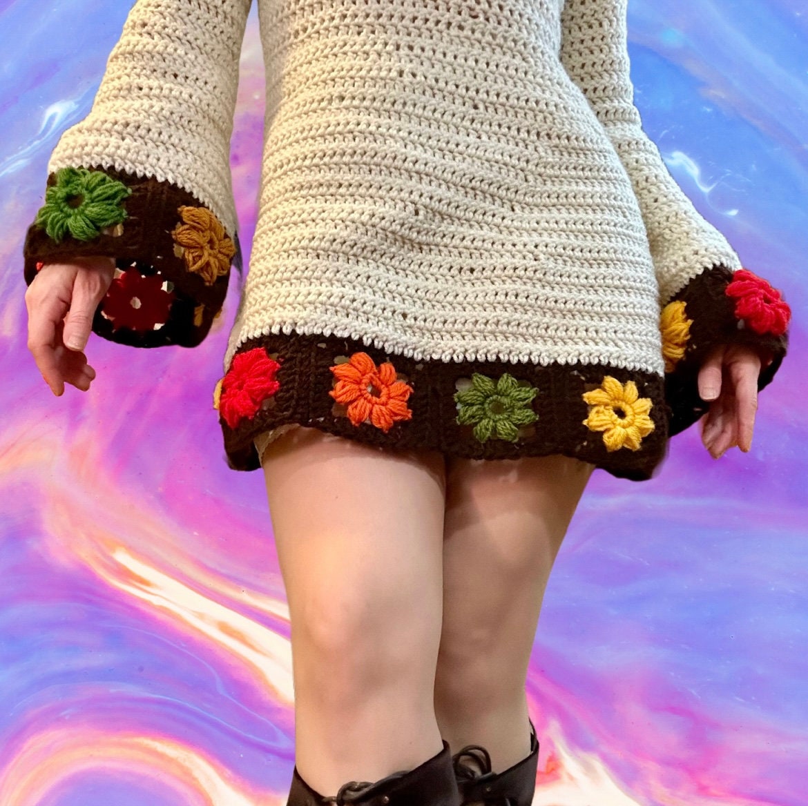 Handmade Crochet Granny Square Bell Sleeve Mini Dress by Me - Etsy