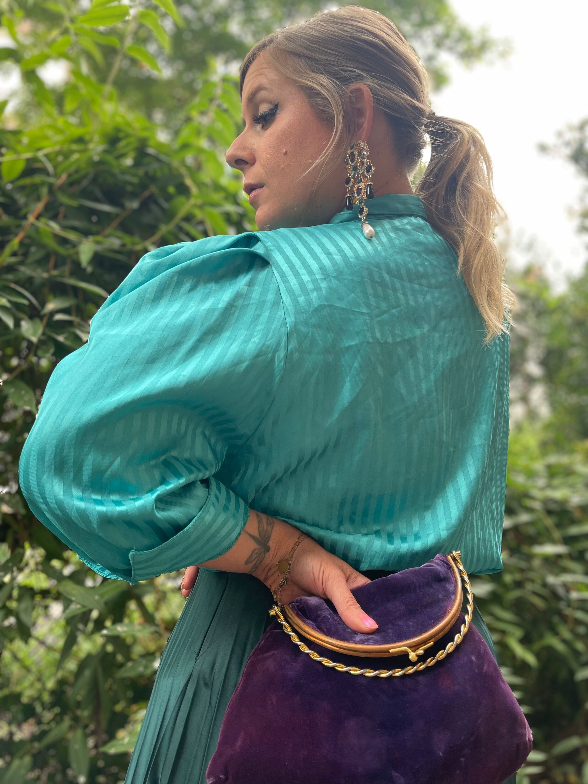 Vintage Blouse in Teal Blue With Tone on Tone Stripes and - Etsy