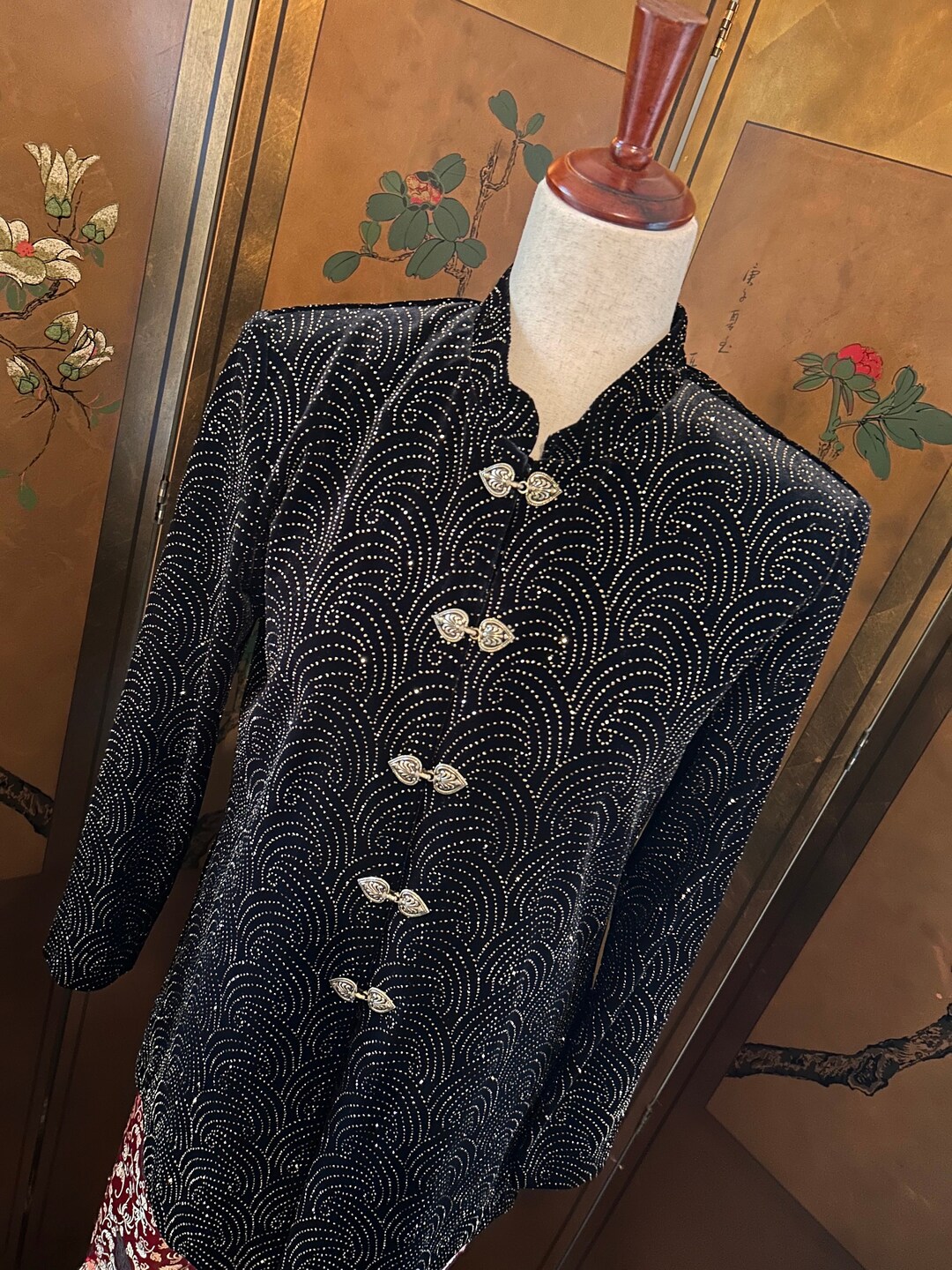Vintage Velvet-like Jacket in Black With Gold Glitters and Statement ...