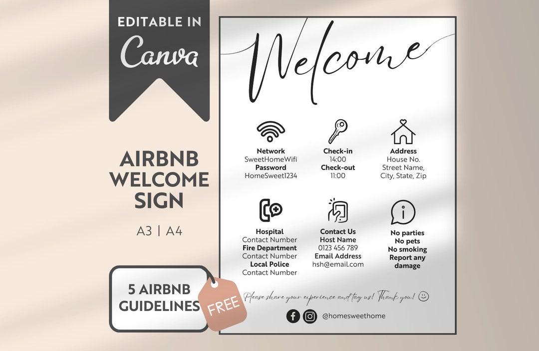 Airbnb Welcome Sign, Canva Template for Rental Home, Wall Signs ...