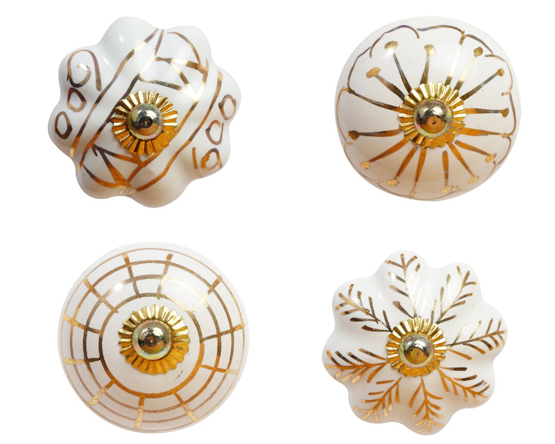 Gold & White Knobs With Brass Hardware Handpainted Ceramic Cabinet Door Knobs and Pulls for ...
