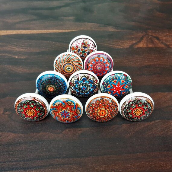 Home Improvement Knobs Indian Home Interior Decor Mandala Ceramic Knobs YellowBlack Decorative ...