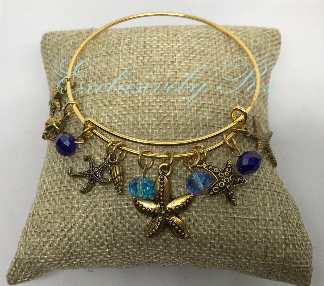 Summer Ocean Beach Bangle Gold Plated Starfish, Seashells and Blue ...