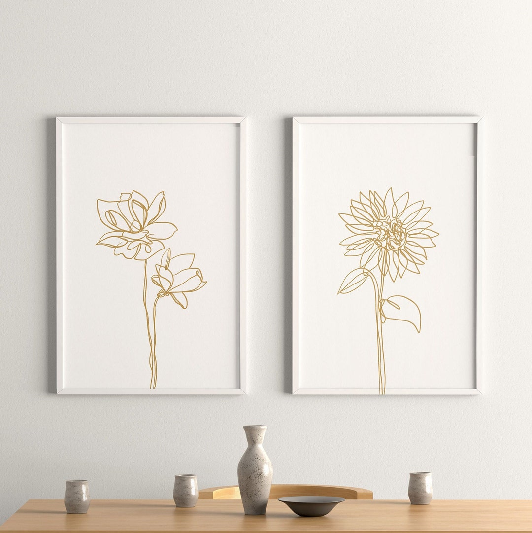 Set of 2 Golden Flower Line Drawings - Line Art, Flowers, Floral ...