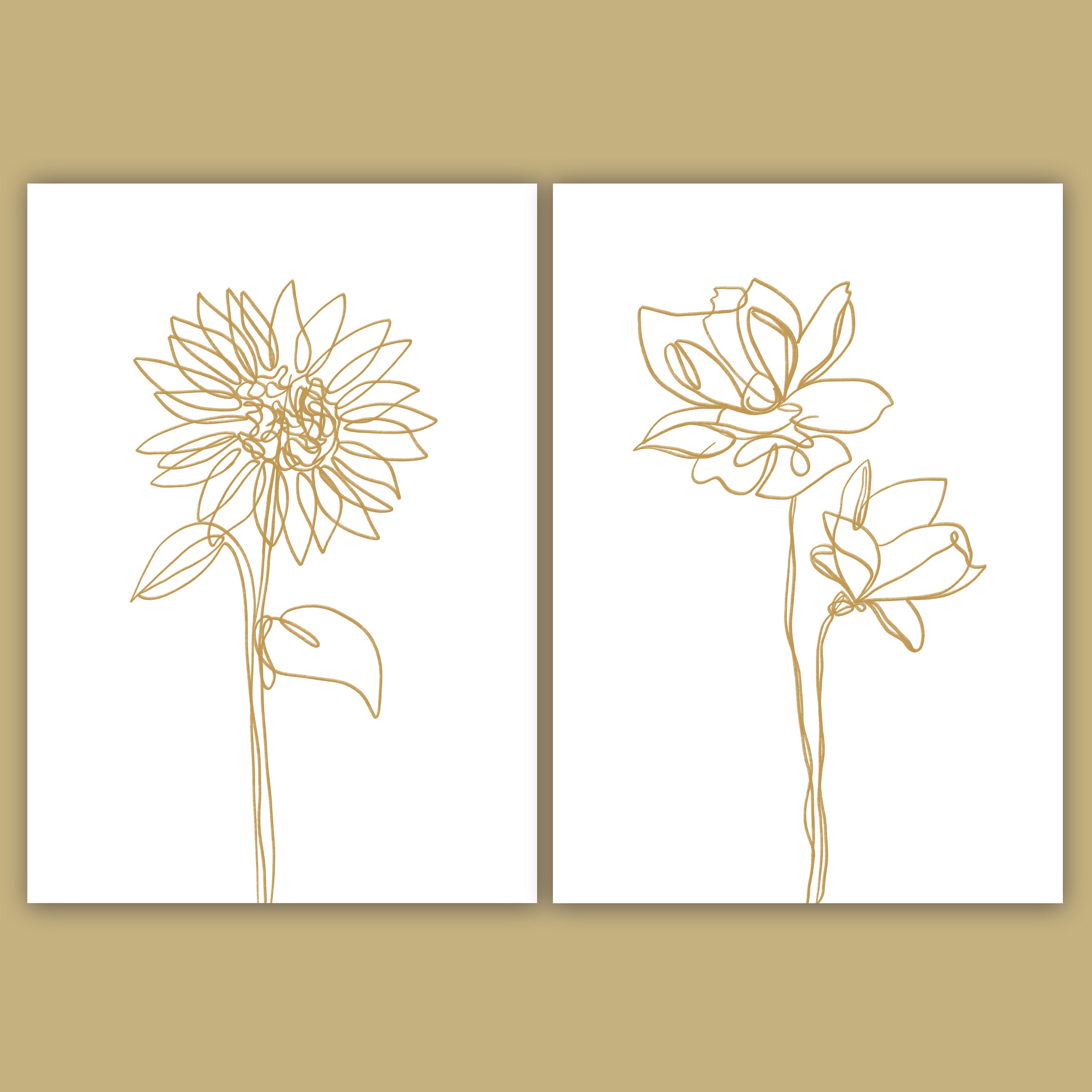 Set of 2 Golden Flower Line Drawings - Line Art, Flowers, Floral ...