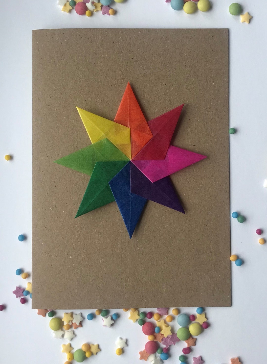 Handmade Origami Star Card, Paper Eco Friendly Greetings Card, Rainbow ...