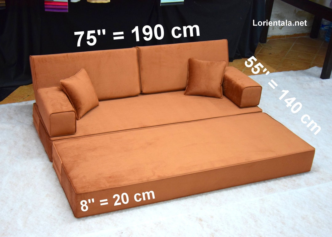Large Wide Velvet Amber Color Floor Sofa Living Room Oriental Boho ...