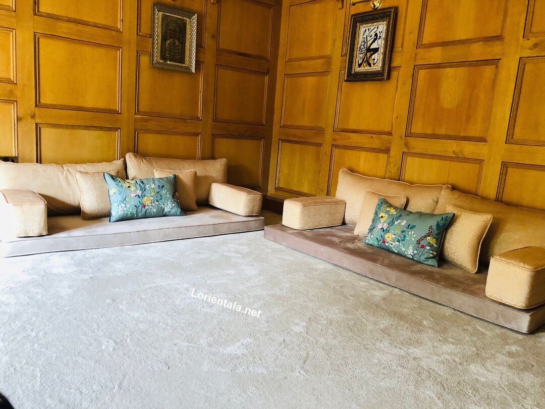 Velvet Beige Oriental Floor Sofa: Arabic Cushion Seating Set - Etsy