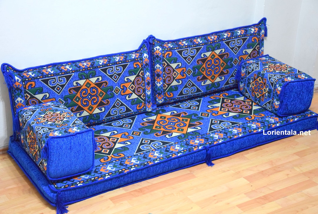 Oriental Floor Seating Sofa Blue Fabric Cushions Turkish Home Decor ...