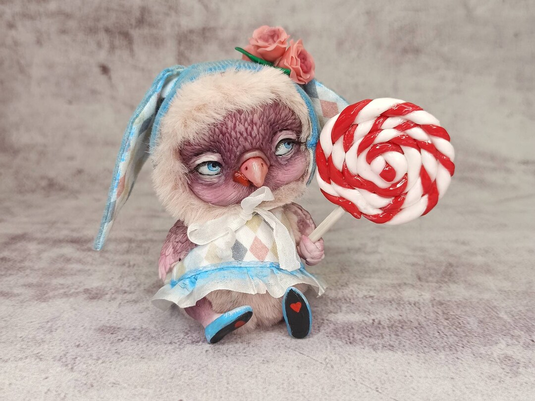 Pink Owl Teddy With a Big Candy, Half Plush Doll, Fairy Creature ...