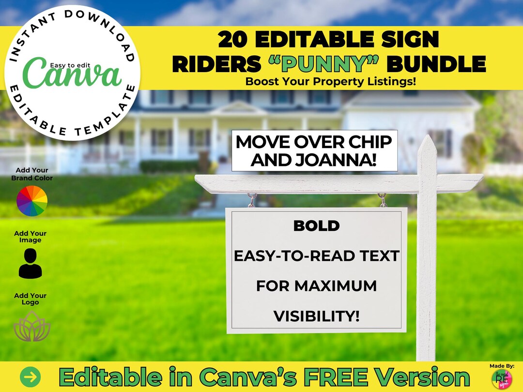 Editable Real Estate Sign Riders | Funny & Playful Canva Templates for ...