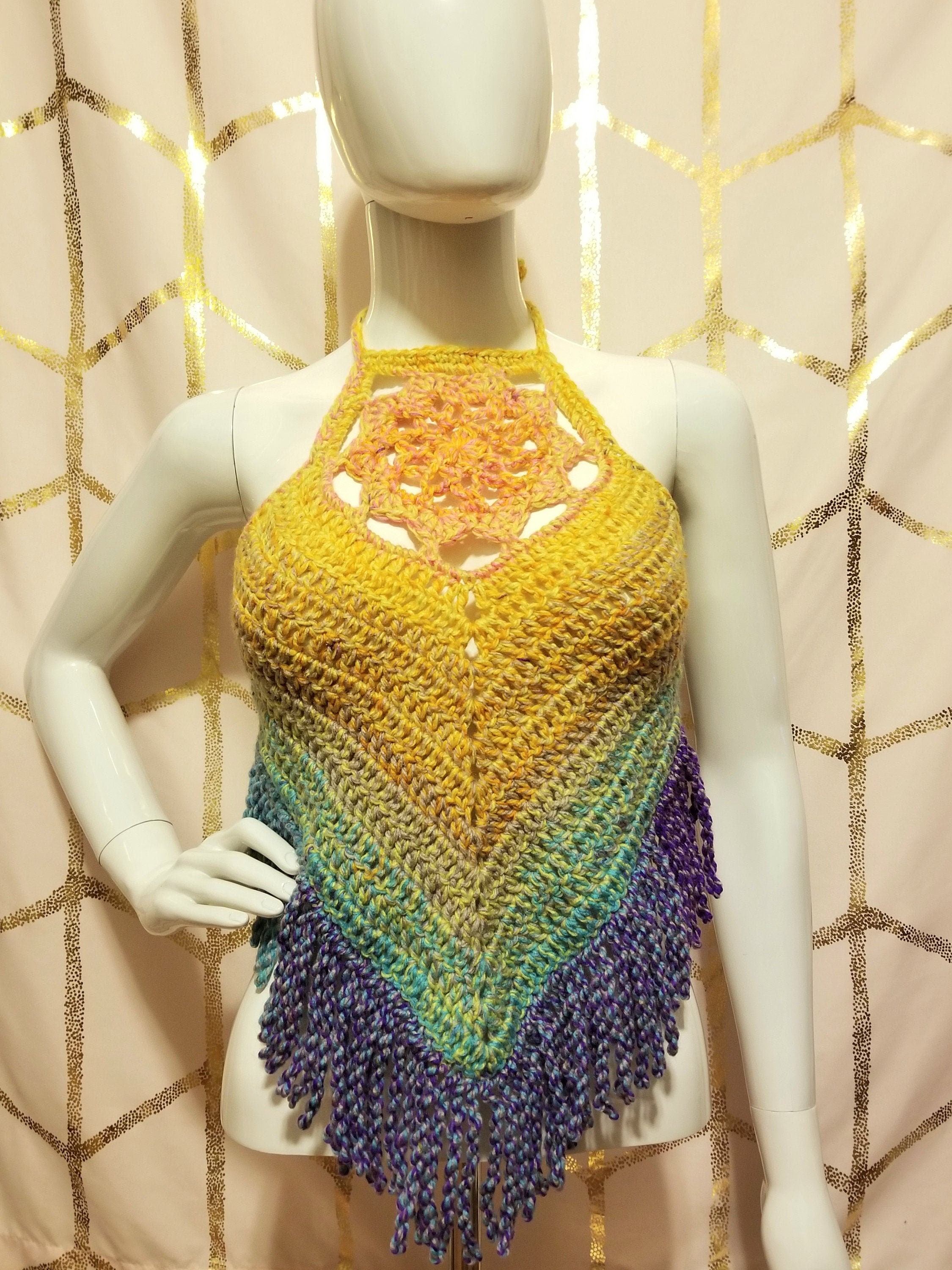 Boho summer festival crochet halter crop top with Fringe Neon | Etsy