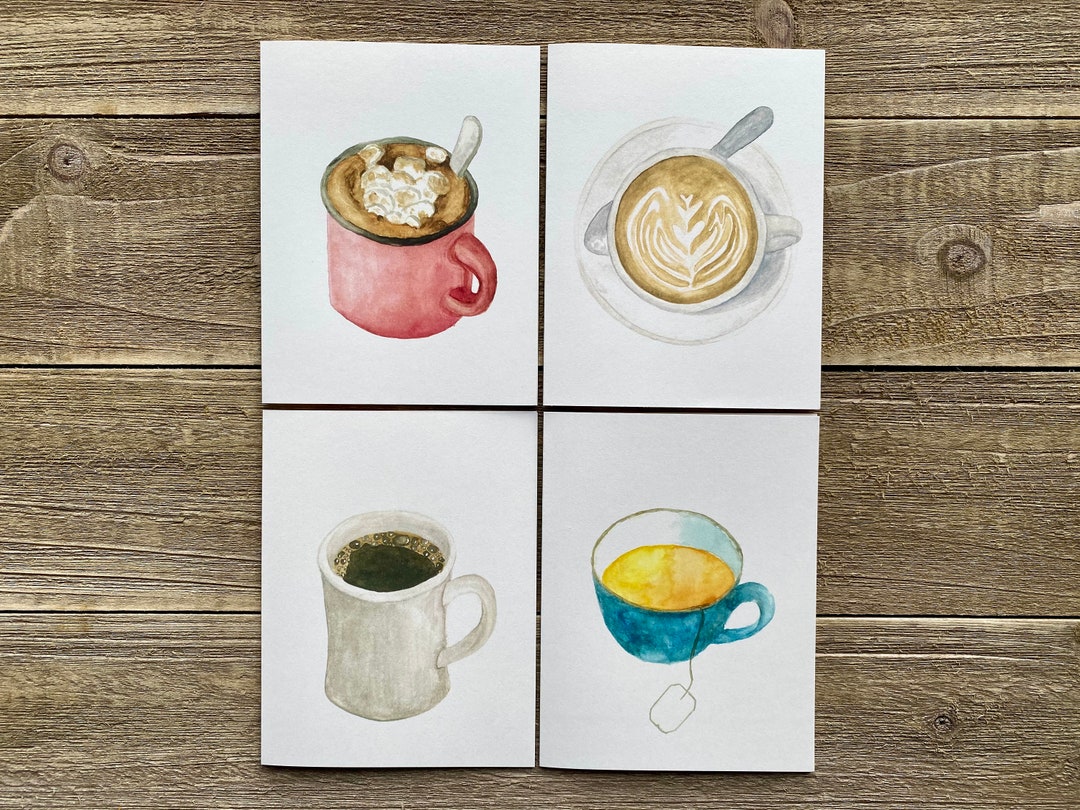 Watercolor Coffee & Tea Notecards Hand Painted Set of 4 Watercolor ...