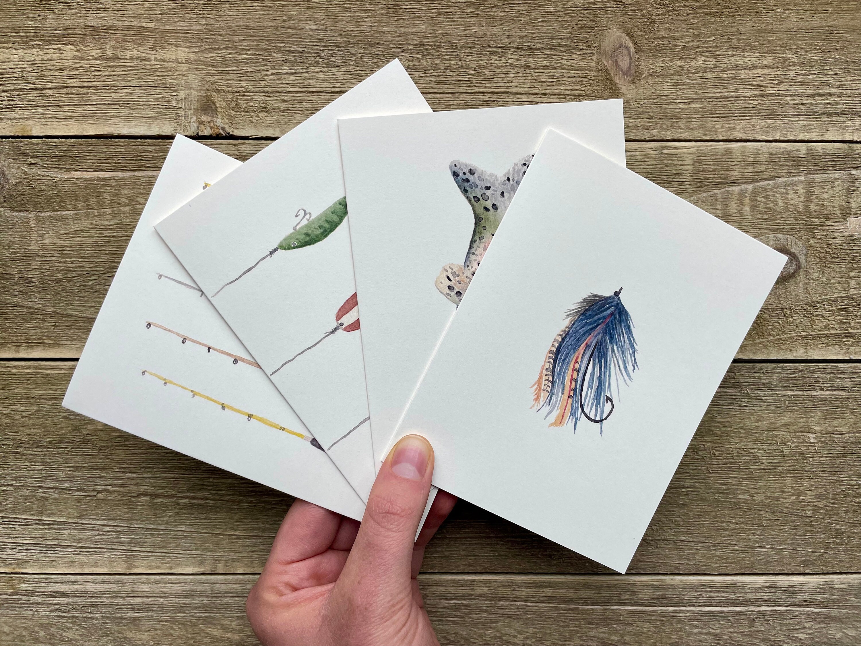 Watercolor Fishing Notecards Hand Painted Set of 4 Watercolor Prints ...