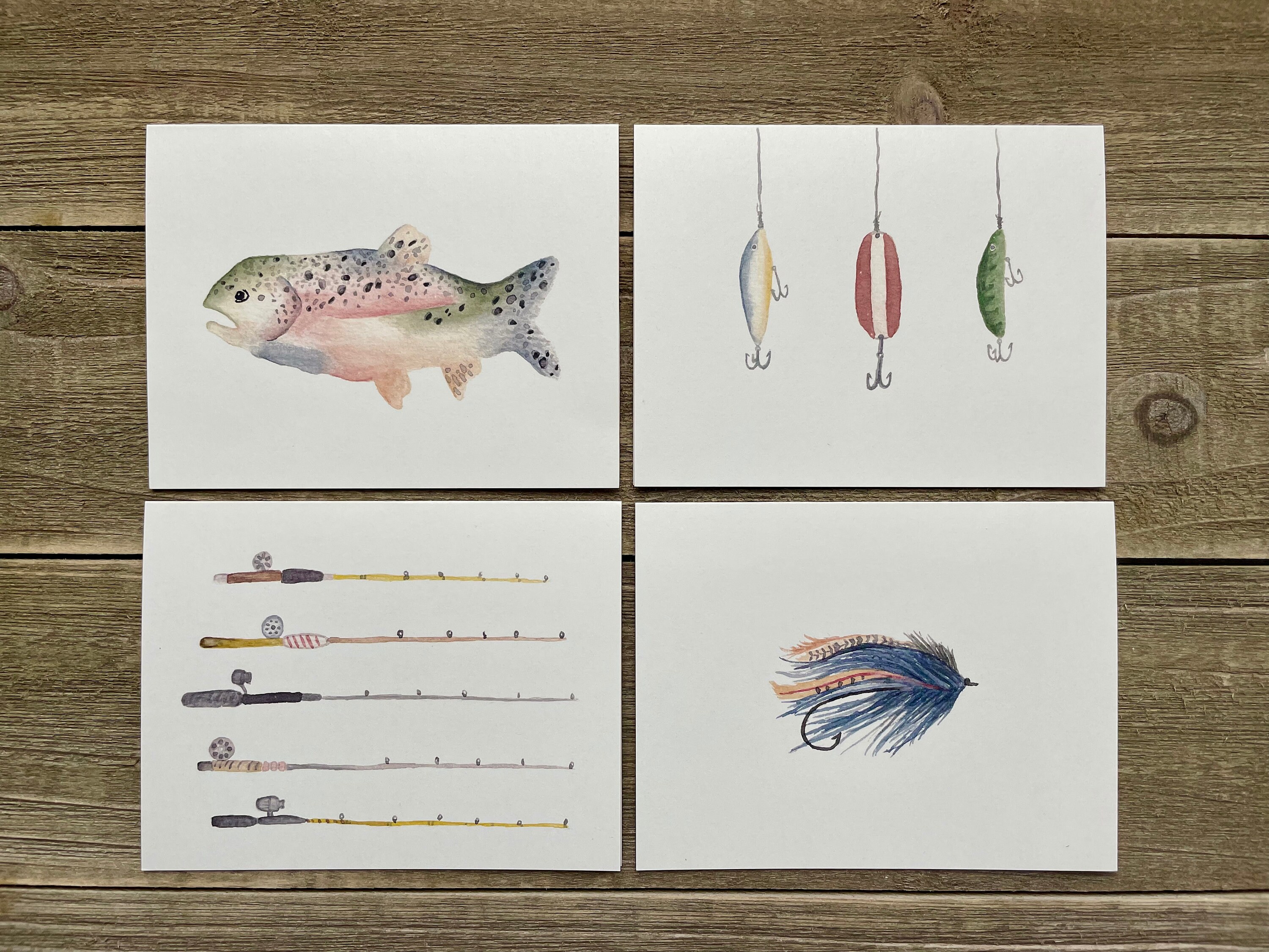 Watercolor Fishing Notecards Hand Painted Set of 4 Watercolor Prints ...