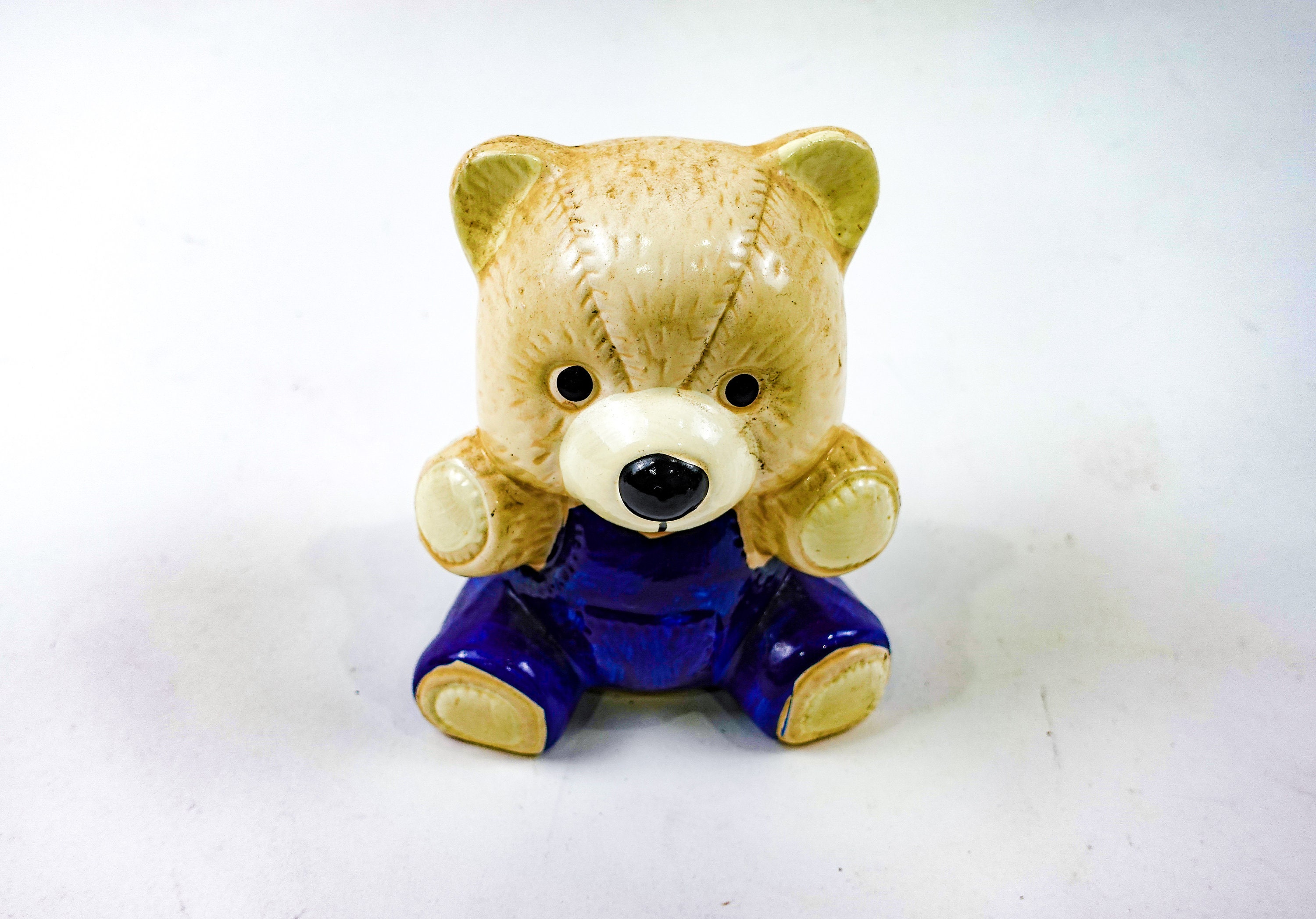 Ceramic Teddy Bear Money Box, Vintage Ceramic Blue Teddy Bear Coin Bank ...