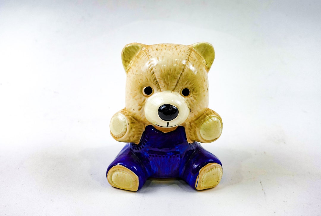 Ceramic Teddy Bear Money Box, Vintage Ceramic Blue Teddy Bear Coin Bank ...