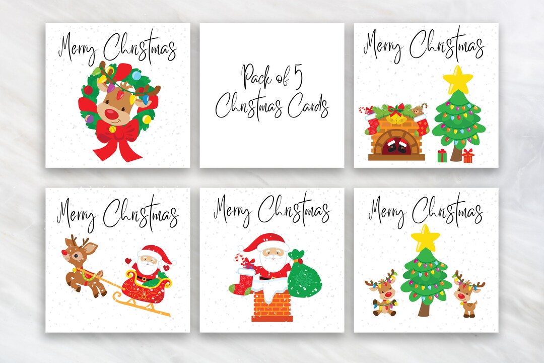 Pack of 5 Christmas Santa & Reindeer Cards - Merry Christmas ...