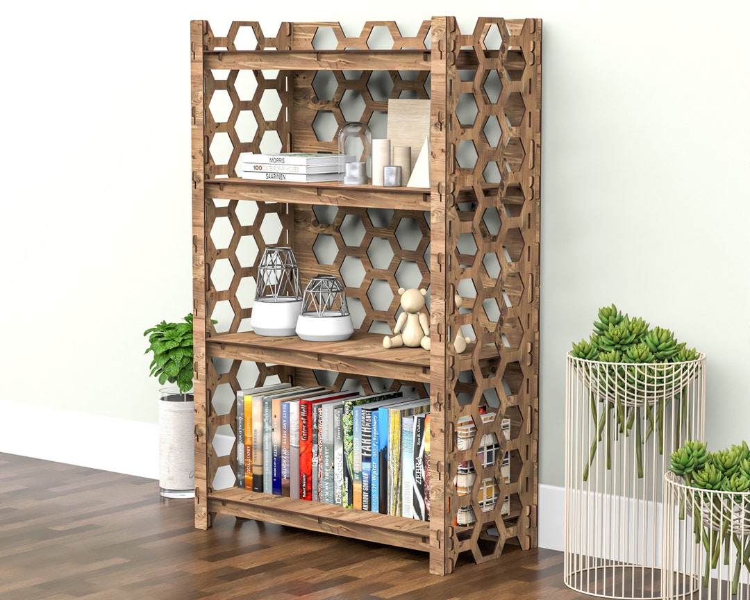 Honeycomb Wooden Bookshelf: Adjustable Shelves, Modern Bookcase (29.5"w ...
