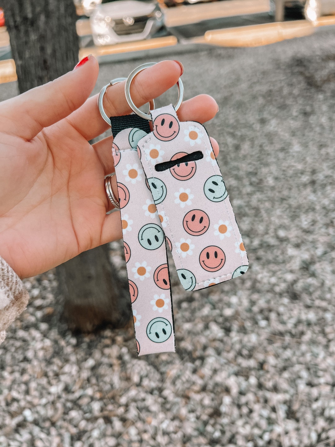 Smiley Face Wristlet Keychain/smiley Face Chapstick Holder Keychain ...