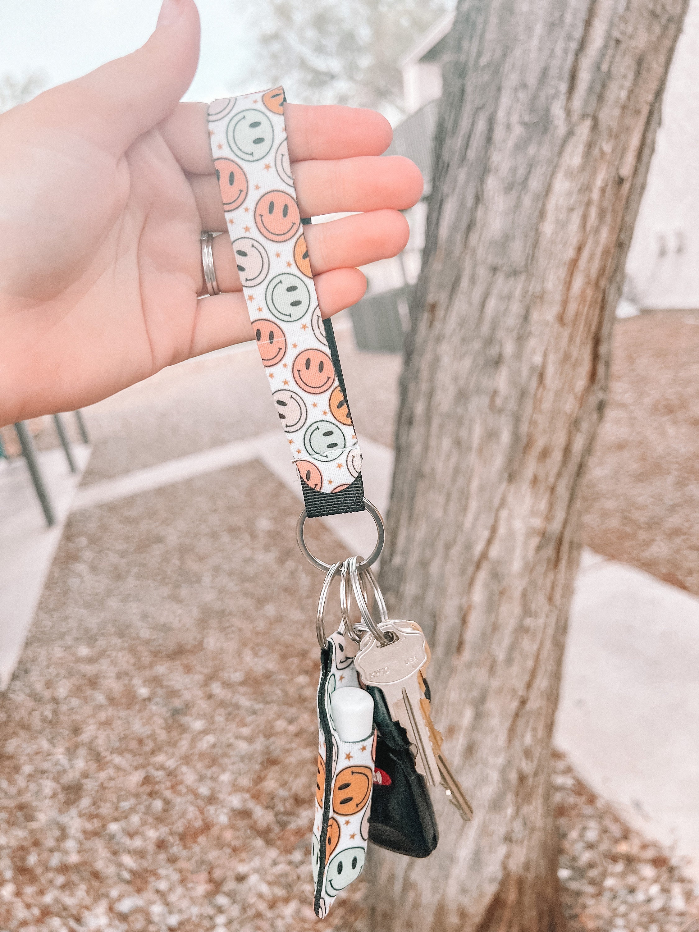 Smiley Face Wristlet Keychain/smiley Face Chapstick Holder - Etsy