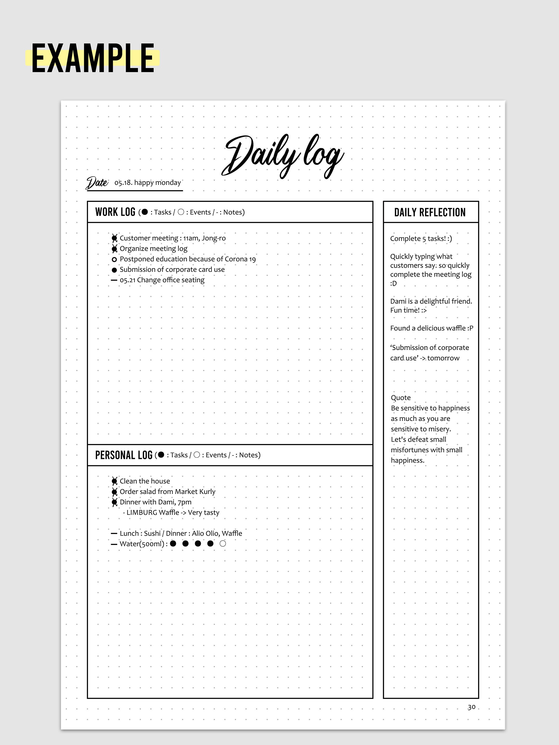 Bullet Journal Daily Log Reflection Log Daily Planner - Etsy