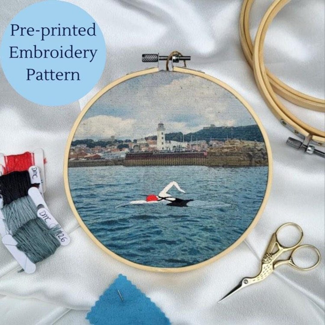 Hand Embroidery Pattern, Open Water Swimming Art, Pre-printed ...