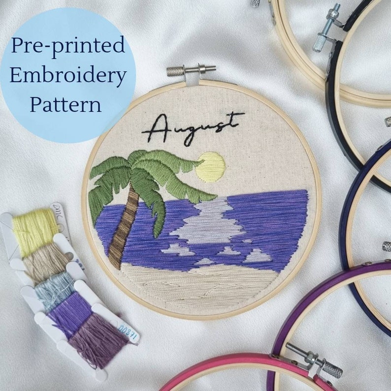 Tropical Beach Scene Hand Embroidery Pattern, Easy Beach Themed ...
