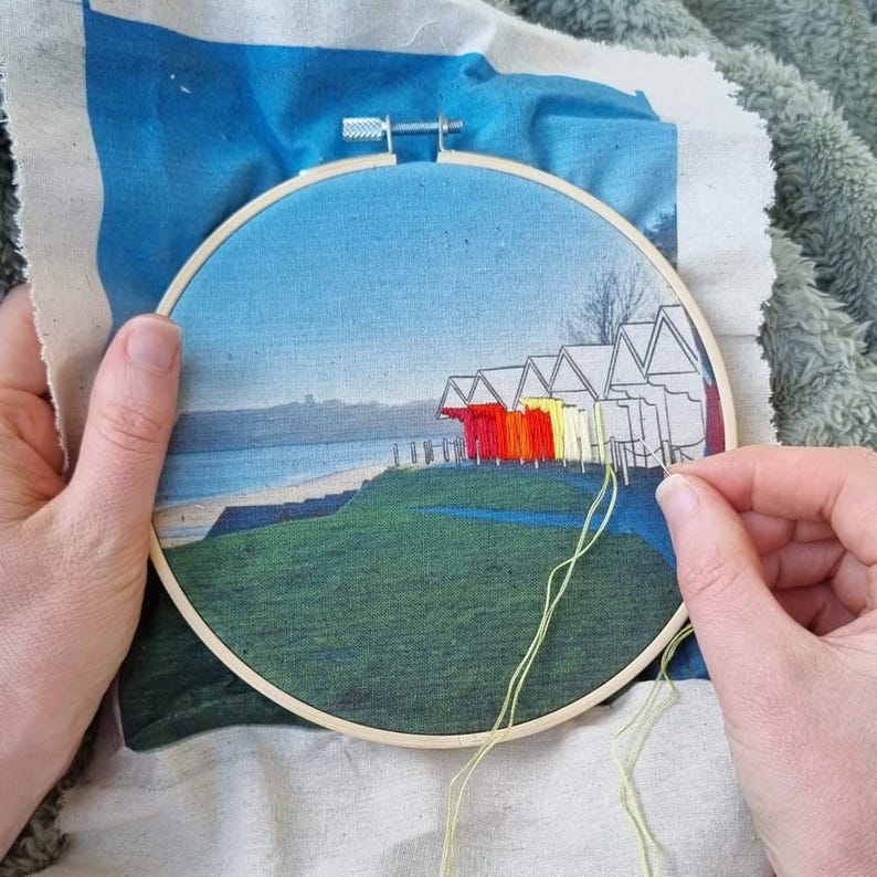 Hand Embroidery Patterns, Beach Huts Art, Pre-printed Embroidery Fabric ...