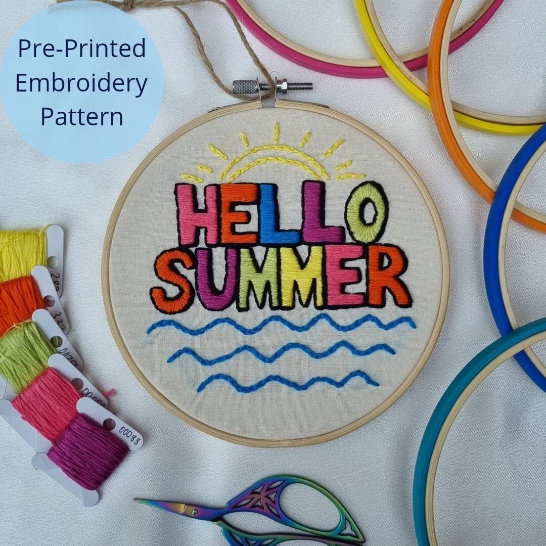 Hello Summer Hand Embroidery Pre-printed Pattern, Embroidery Designs ...