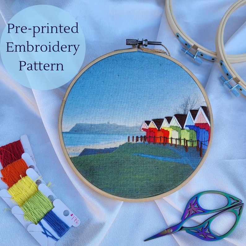 Hand Embroidery Patterns, Beach Huts Art, Pre-printed Embroidery Fabric ...