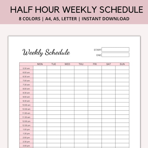 Half Hour Weekly Schedule Weekly Planner Printable Week at a - Etsy