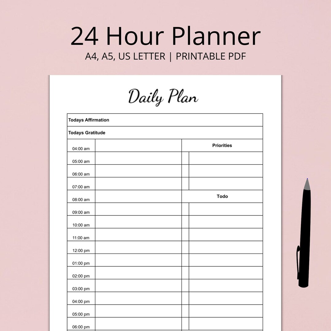 24 Hour Daily Planner Printable, Daily to Do List, Daily Schedule, Time ...