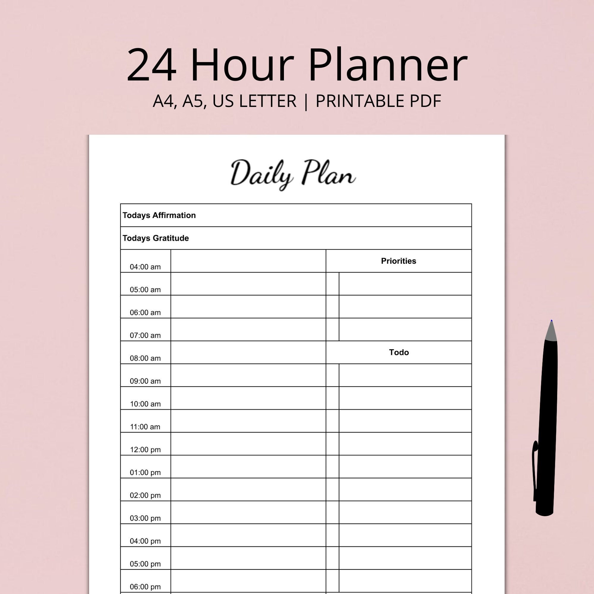 24 Hour Daily Planner Printable Daily to Do List Daily - Etsy