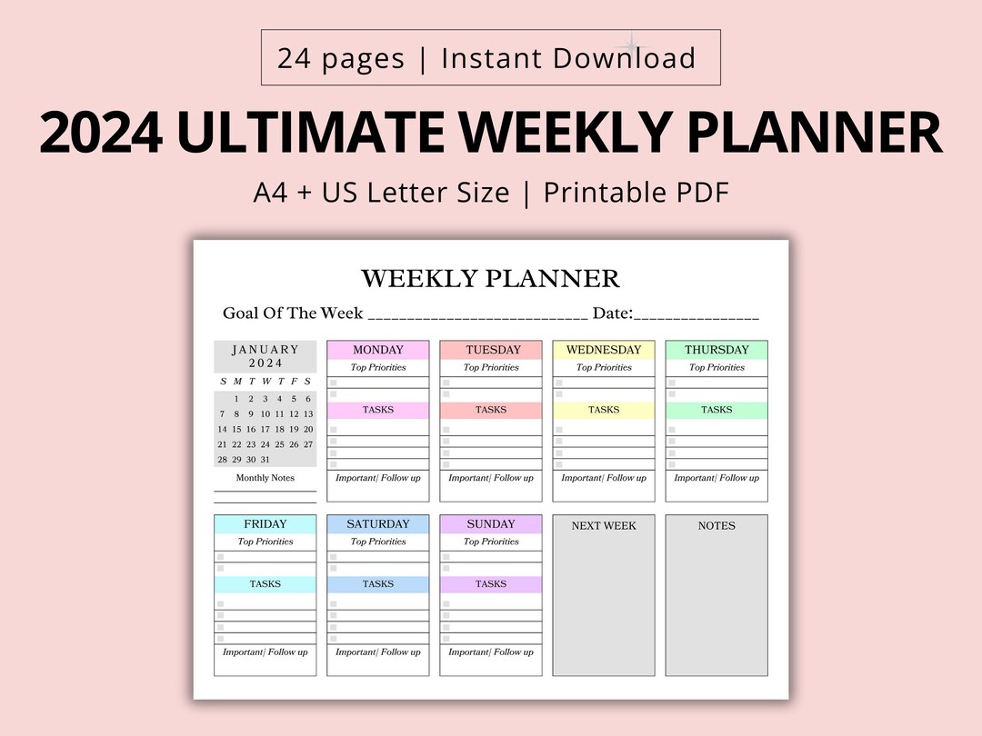 2024 Weekly Planner Printable Landscape, Minimalist Weekly Schedule ...